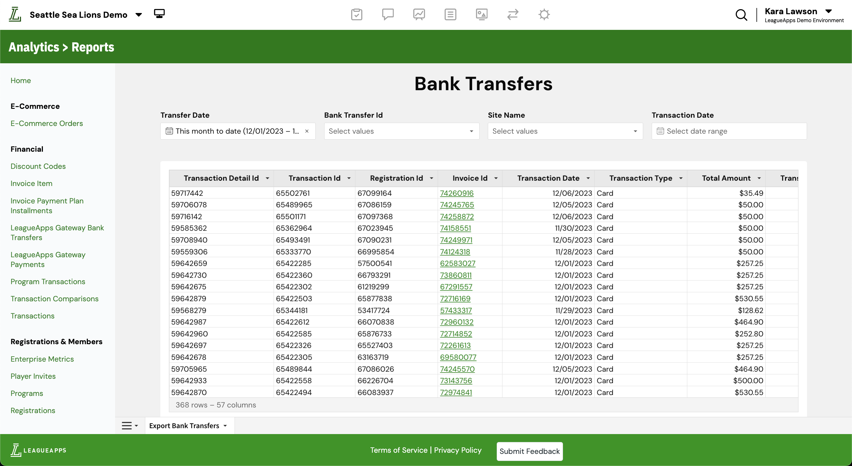 LeagueApps Gateway Bank Transfers Report – LeagueApps