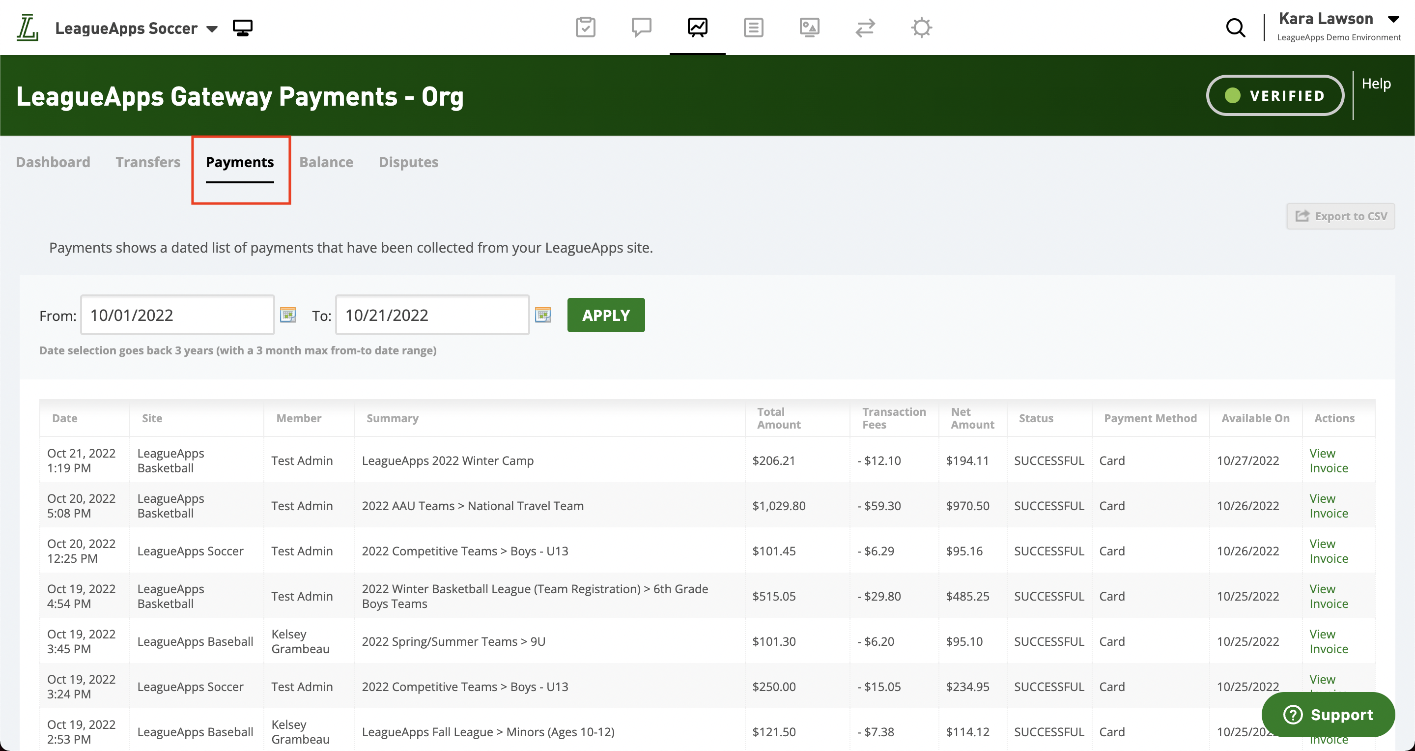 LeagueApps Gateway Dashboard – LeagueApps